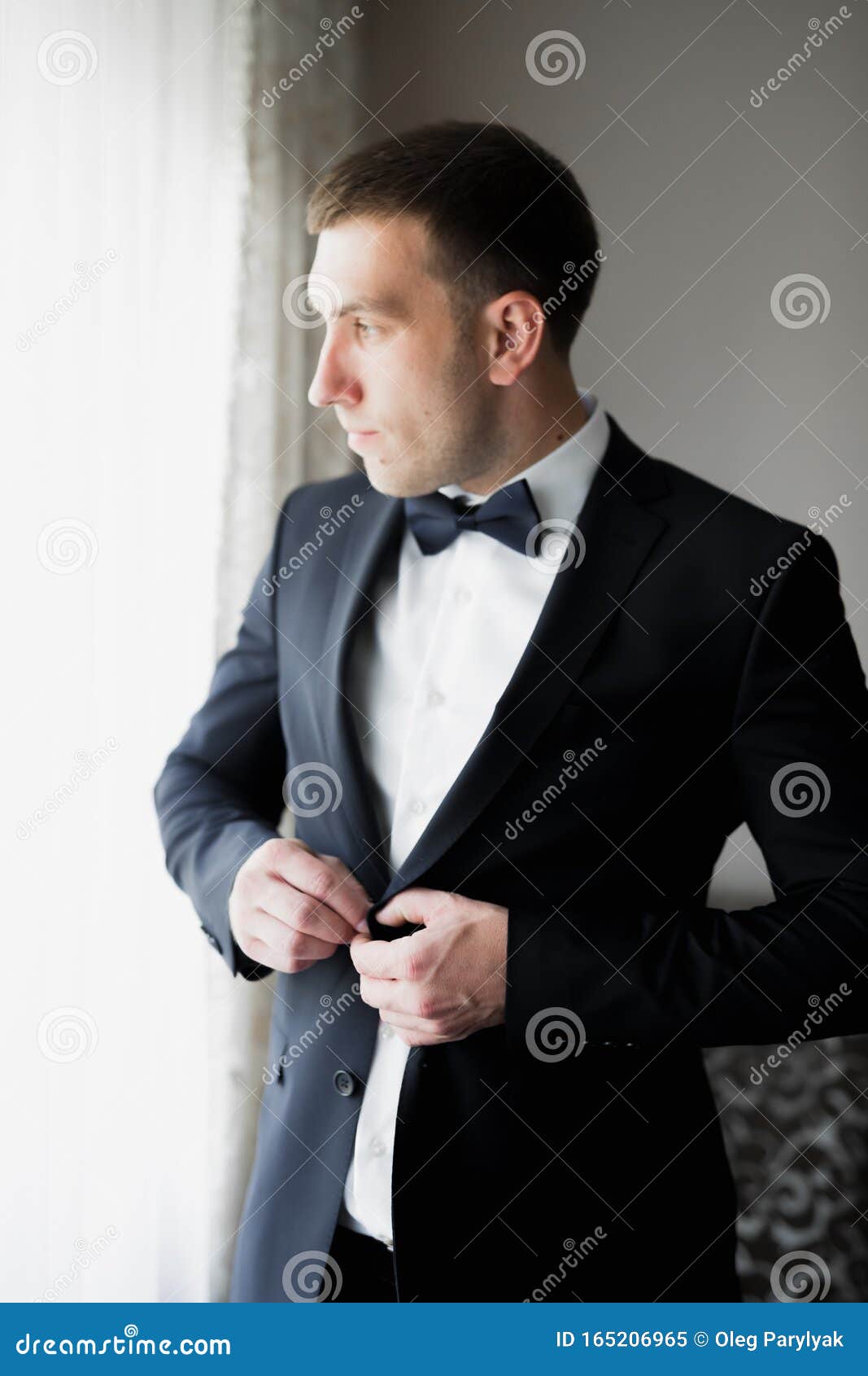 Grooms Morning Preparation. Handsome Man Getting Dressed and Preparing ...