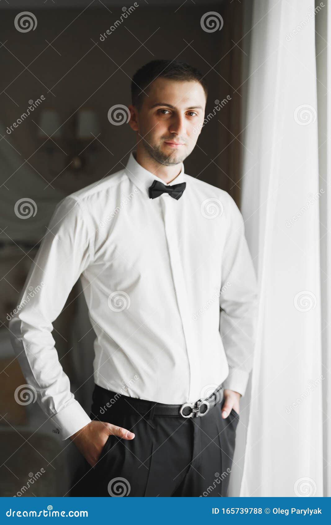 Grooms Morning Preparation. Handsome Man Getting Dressed and Preparing ...