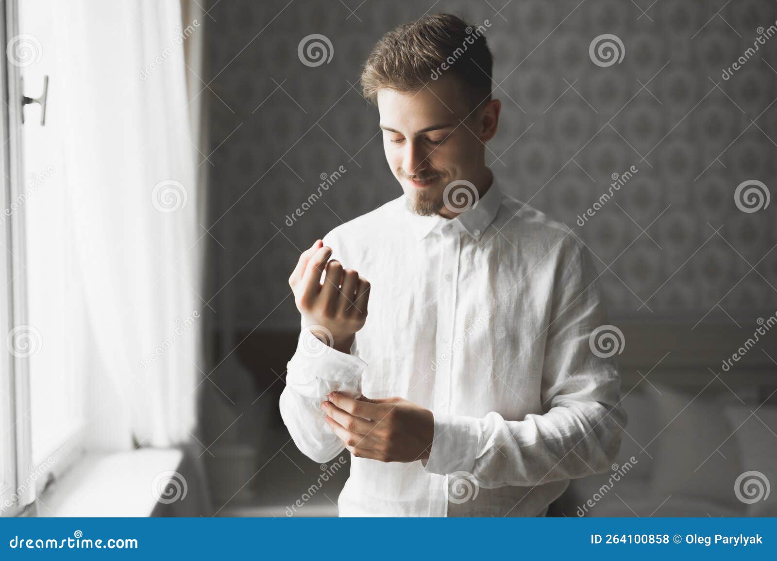 Grooms Morning Preparation. Handsome Man Getting Dressed and Preparing ...