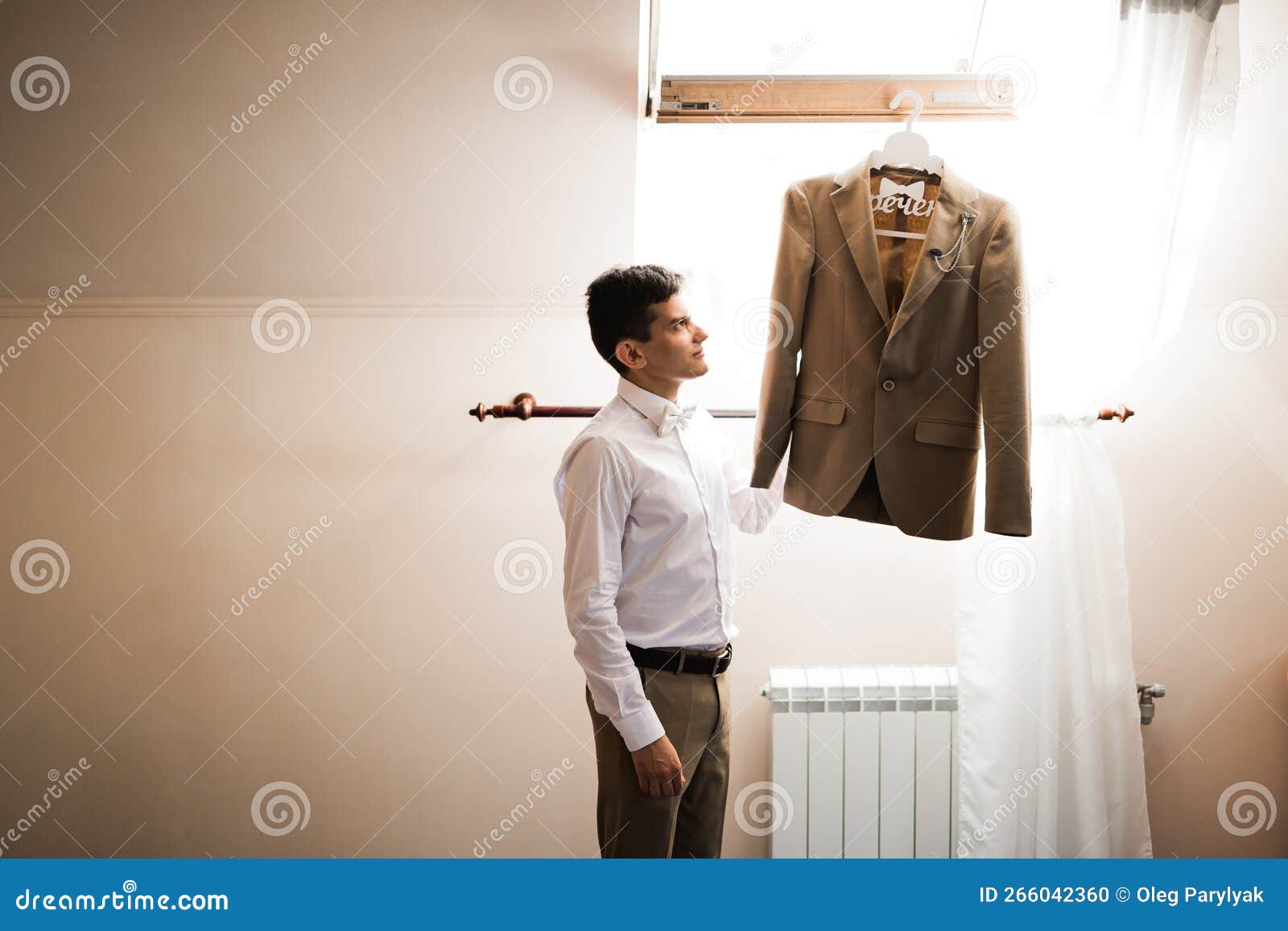 Grooms Morning Preparation. Handsome Man Getting Dressed and Preparing ...