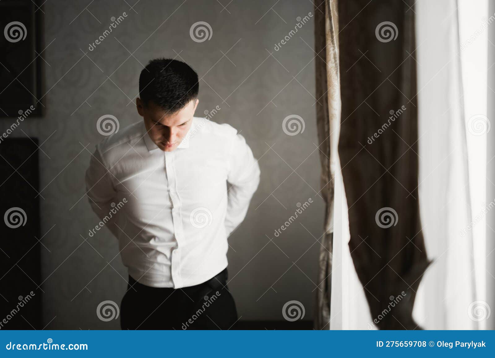 Grooms Morning Preparation. Handsome Man Getting Dressed and Preparing ...