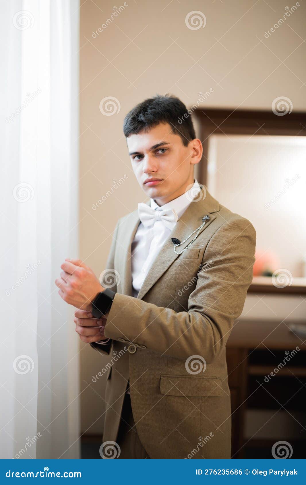 Grooms Morning Preparation. Handsome Man Getting Dressed and Preparing ...