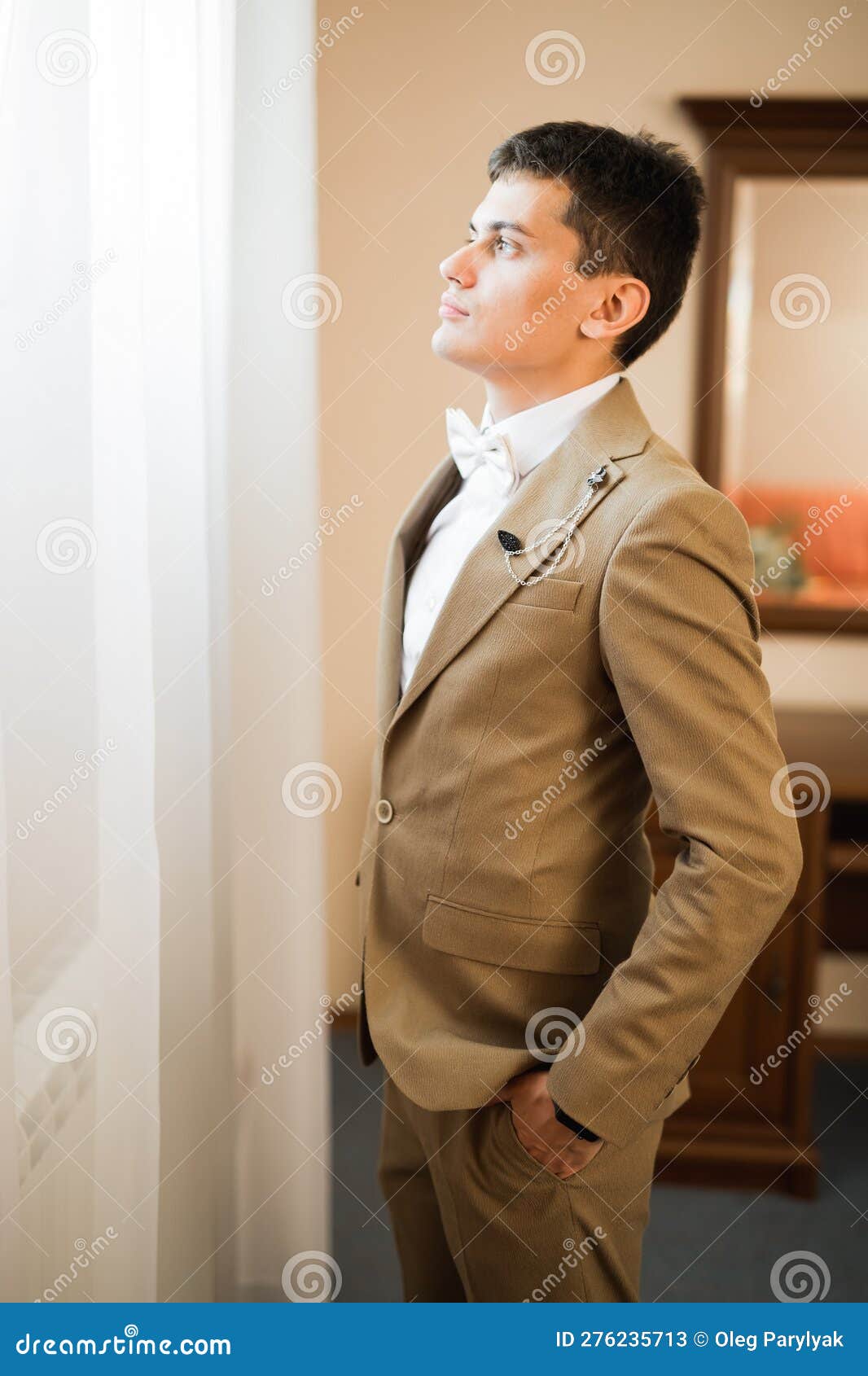 Grooms Morning Preparation. Handsome Man Getting Dressed and Preparing ...