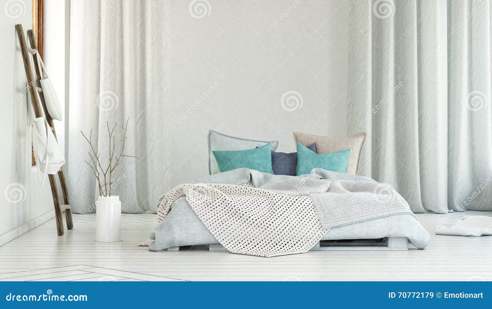 Groot Bed in Ruimte Met Lange Witte Gordijnen Stock Illustratie ...