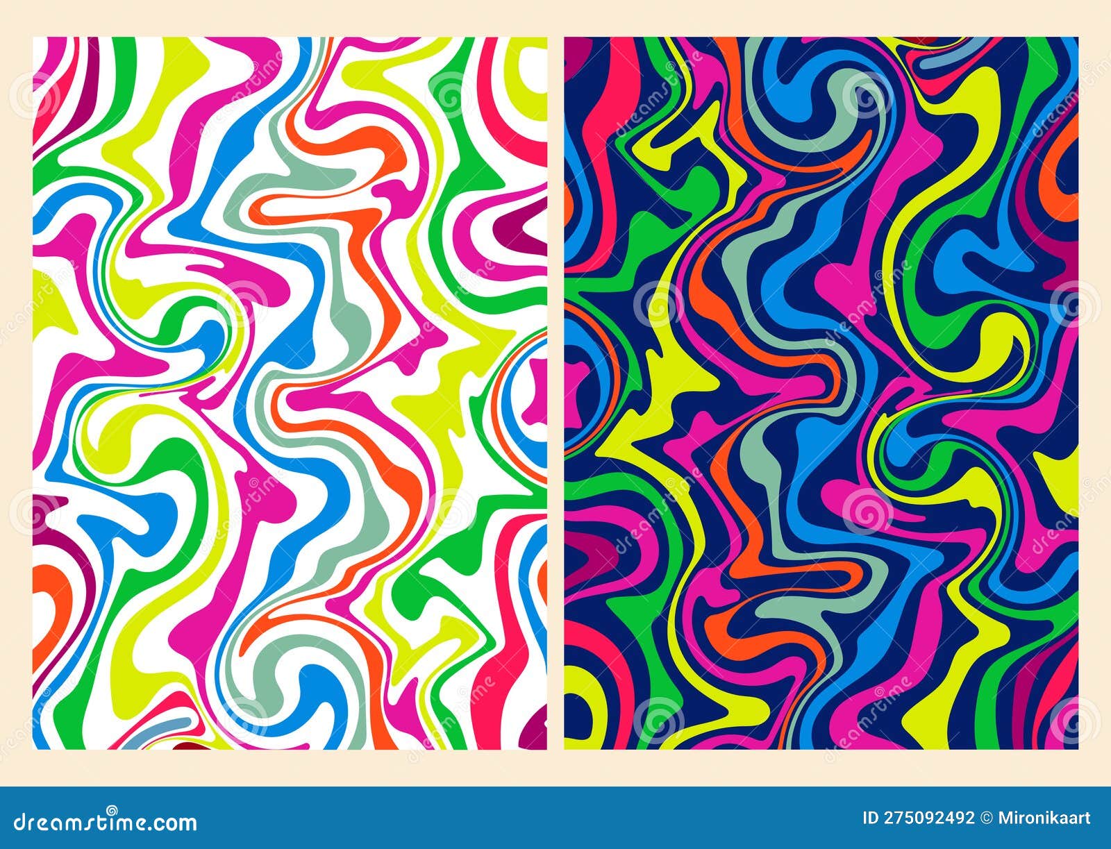 Groovy Background Set with Colorful Acid Waves. Psychedelic Hand Drawn ...