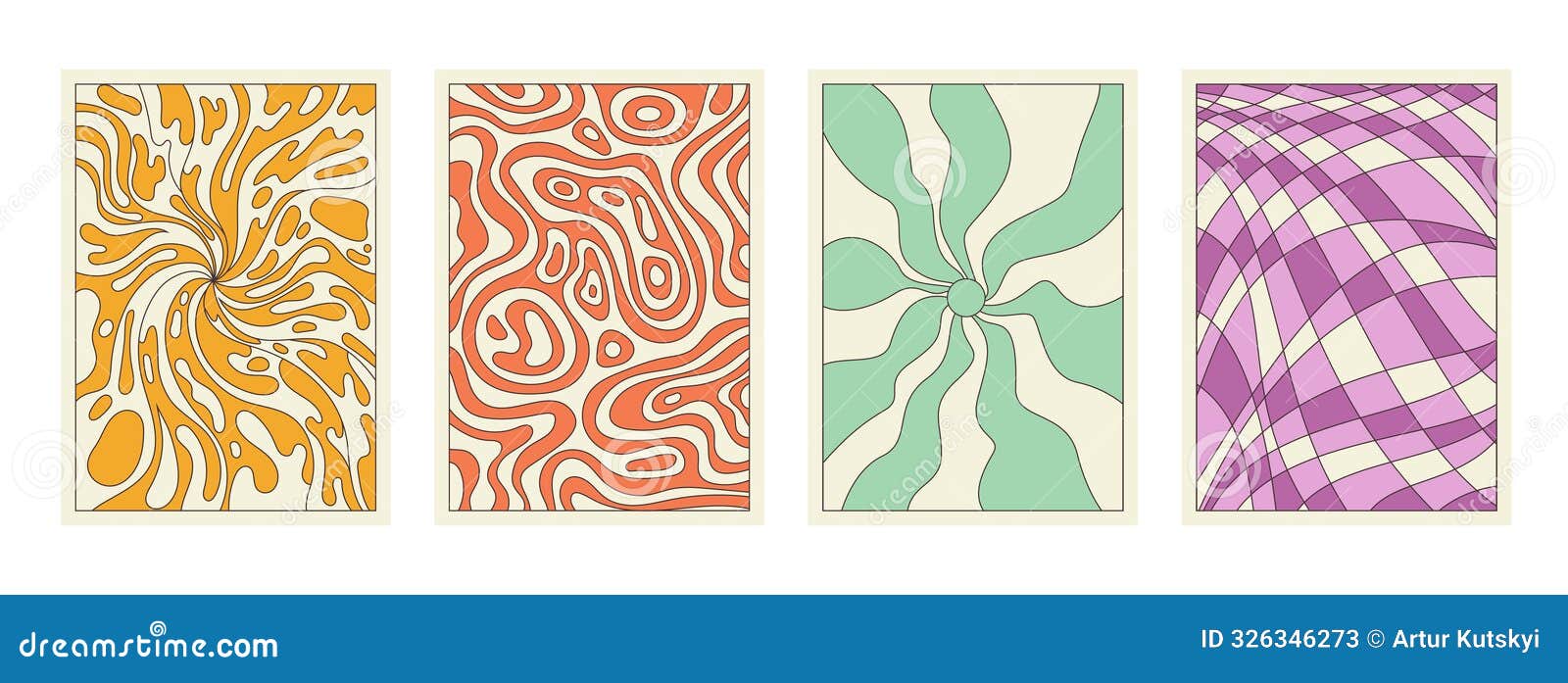 Groovy Cartoon Psychedelic Patterns Set, Retro Wavy Stripes and ...