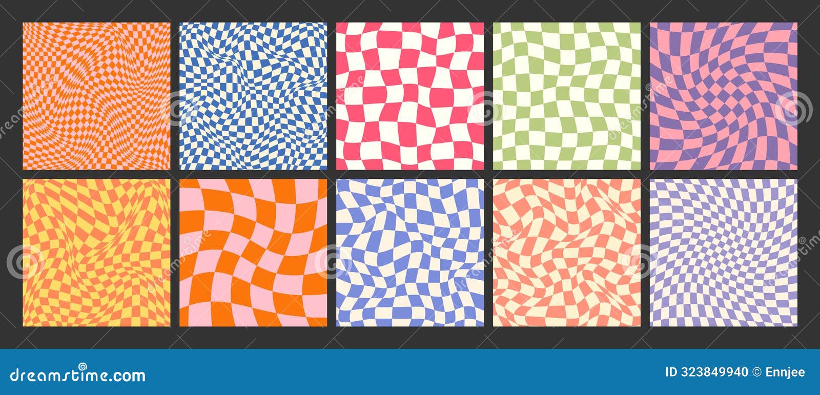 Groovy Checkered Pattern, Colorful Distorted Tiled Grid. Vintage Wavy ...