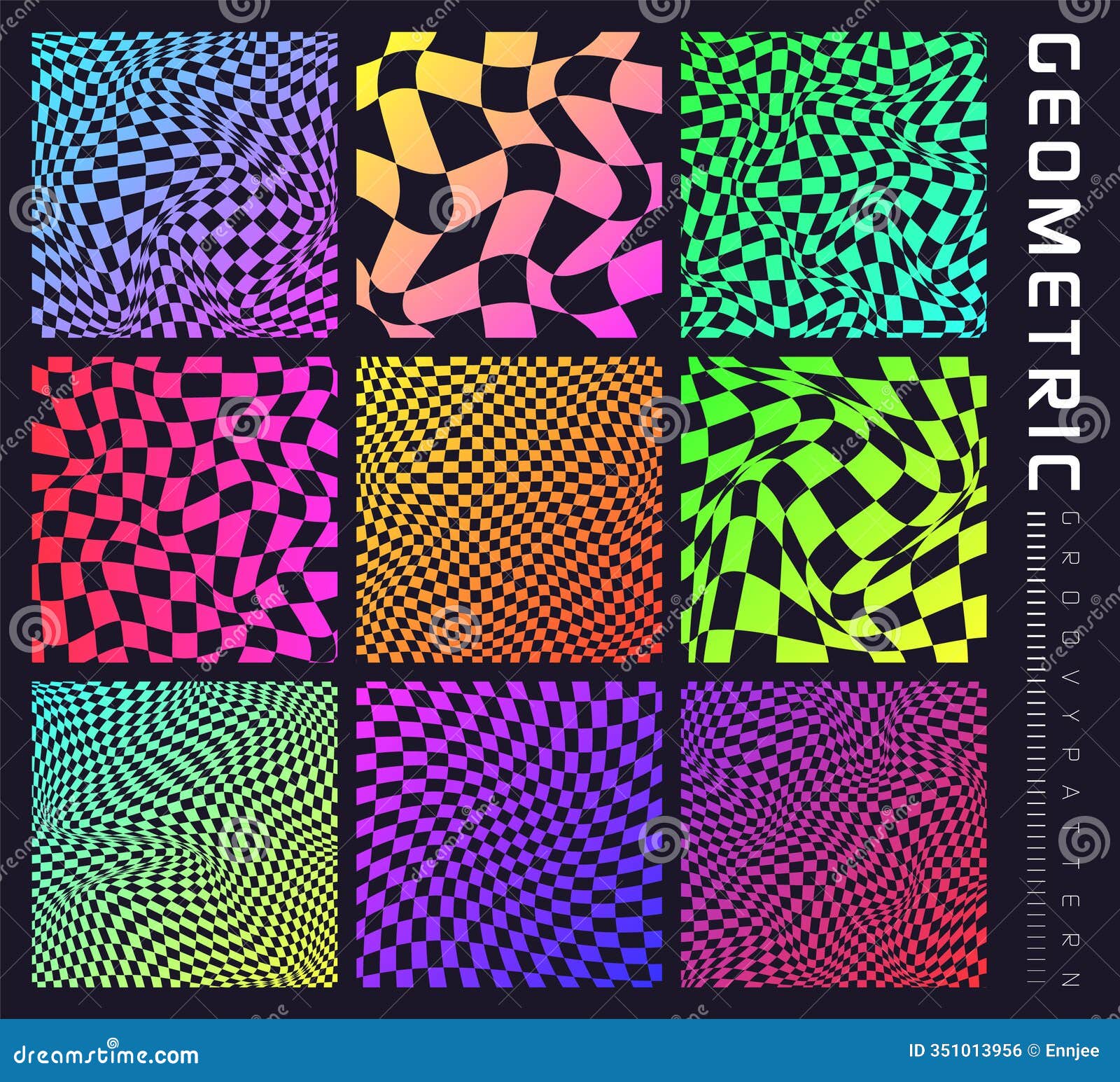 Groovy Checkered Pattern, Colorful Distorted Tiled Grid. Vintage Wavy ...