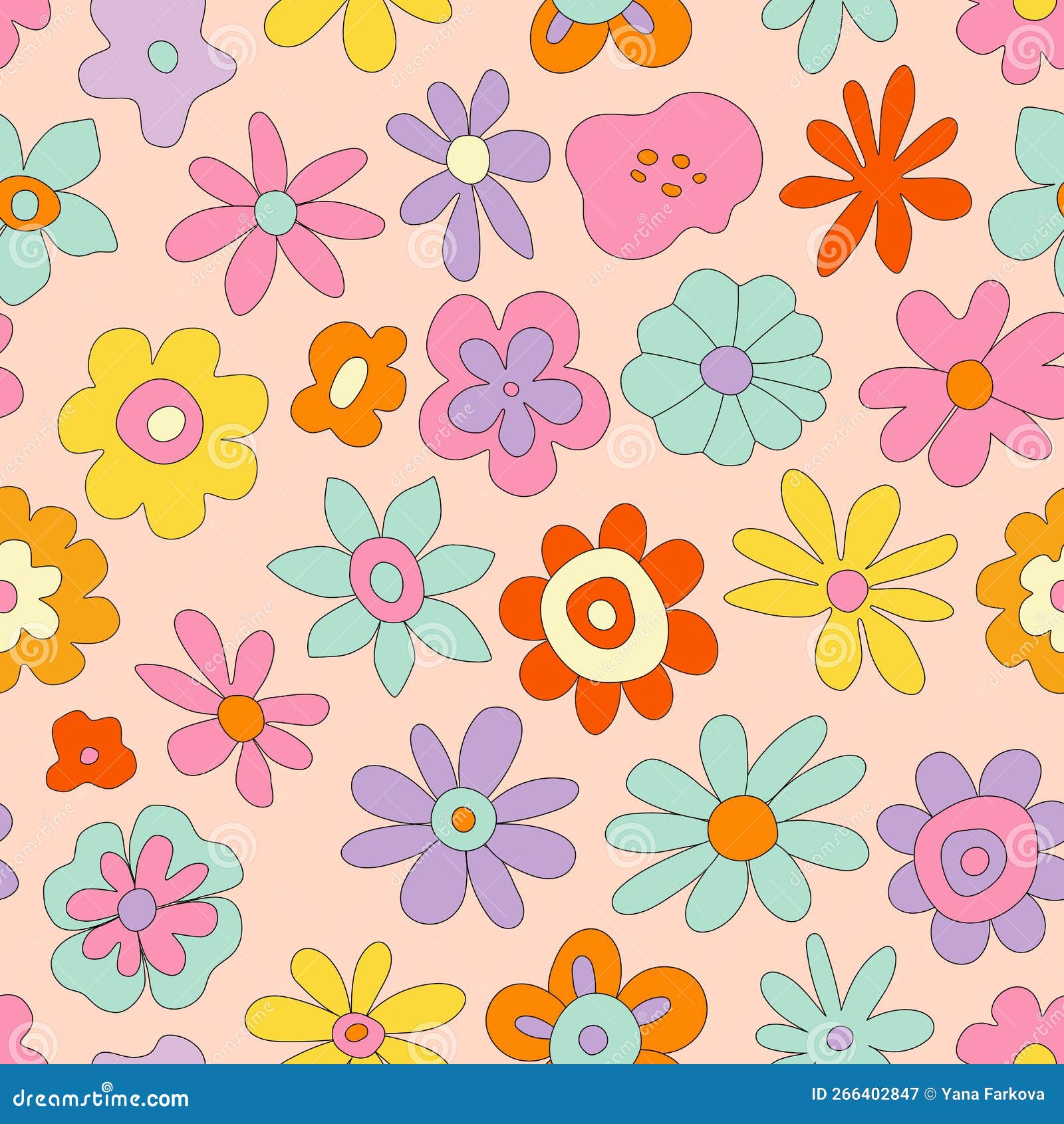 Groovy Flower Retro Seamless Pattern Psychedelic Doodle Wavy Daisy