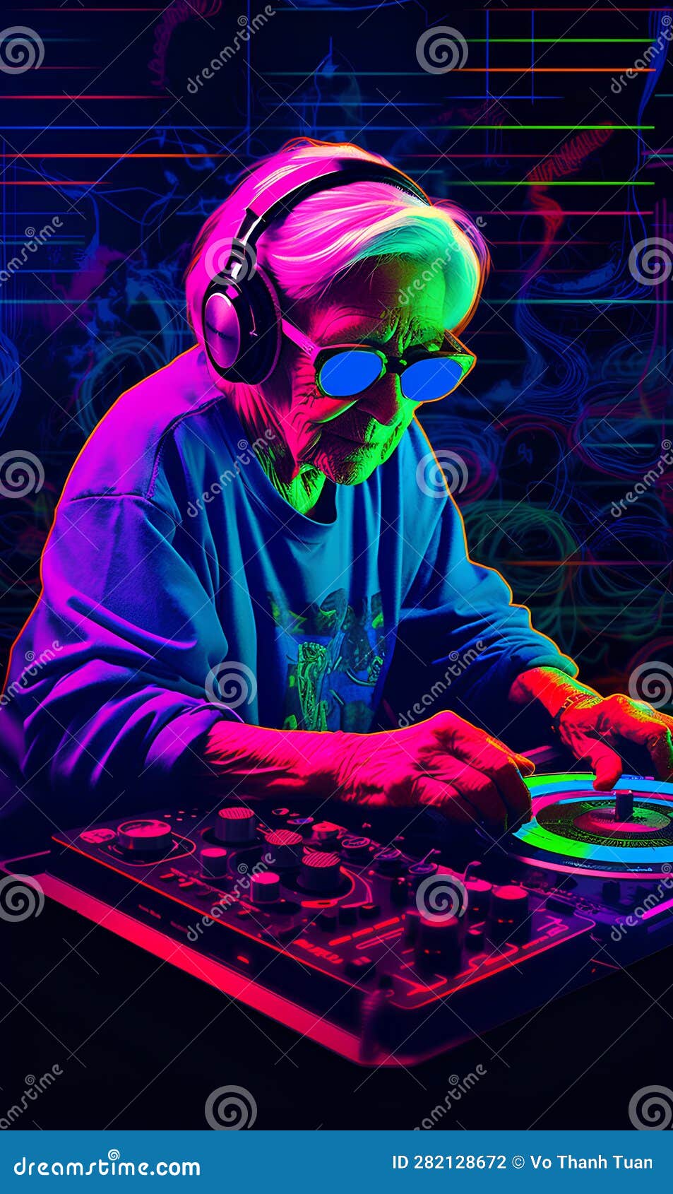 Groovy Grandma Psychedelic Synthwave Disco Vibes in Neon Line Art Under ...