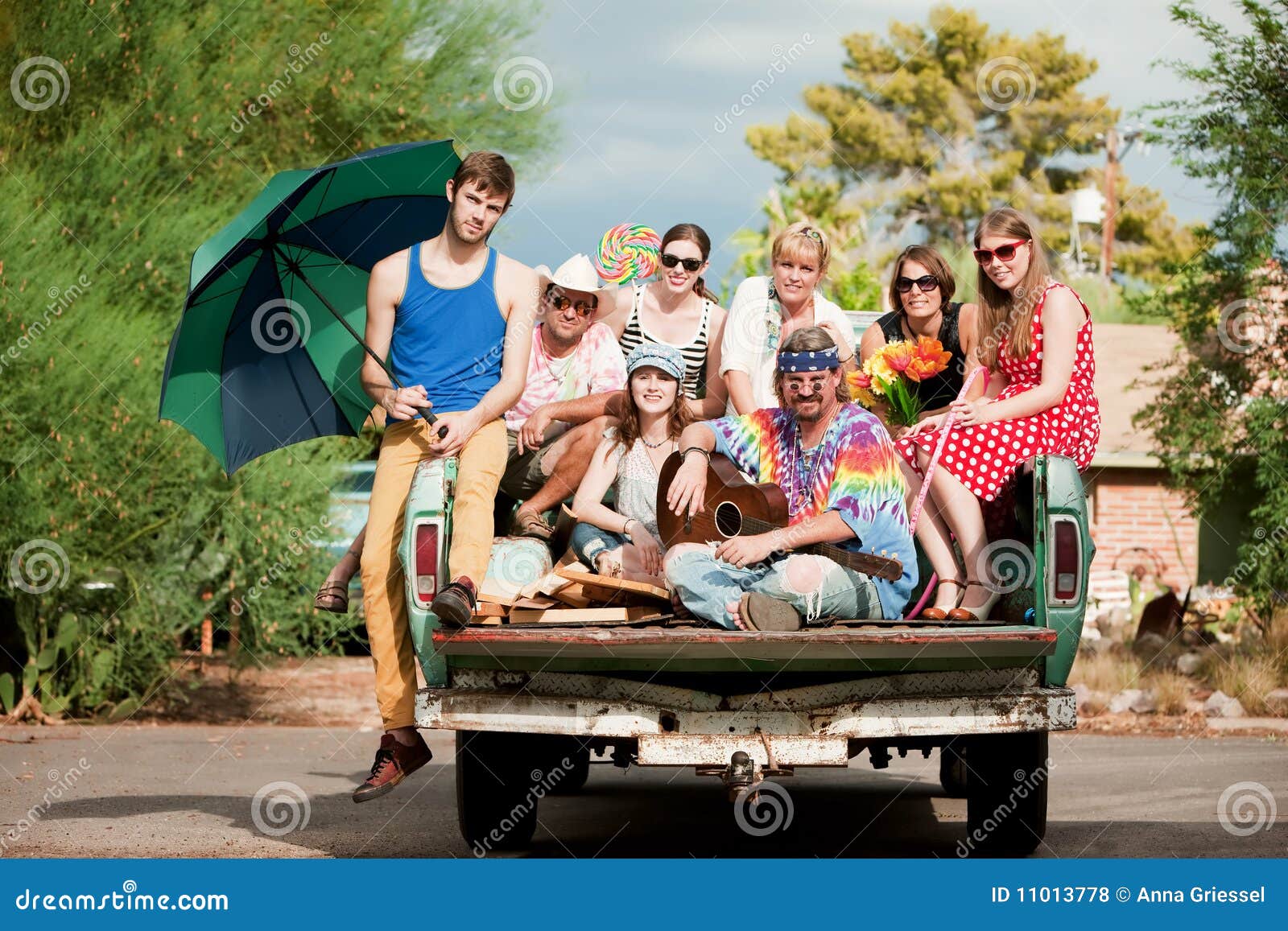 Groovy Group in the Back of Truck Stock Photo - Image of pretty, hippie ...