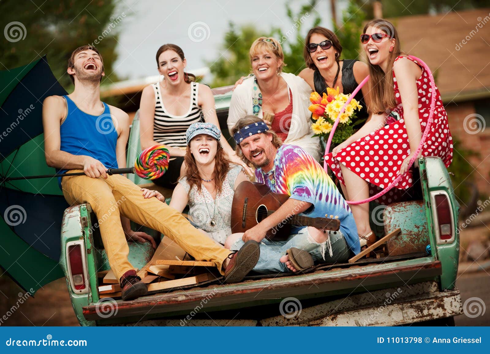 Groovy Group in the Back of Truck Stock Photo - Image of laugh, hipster ...