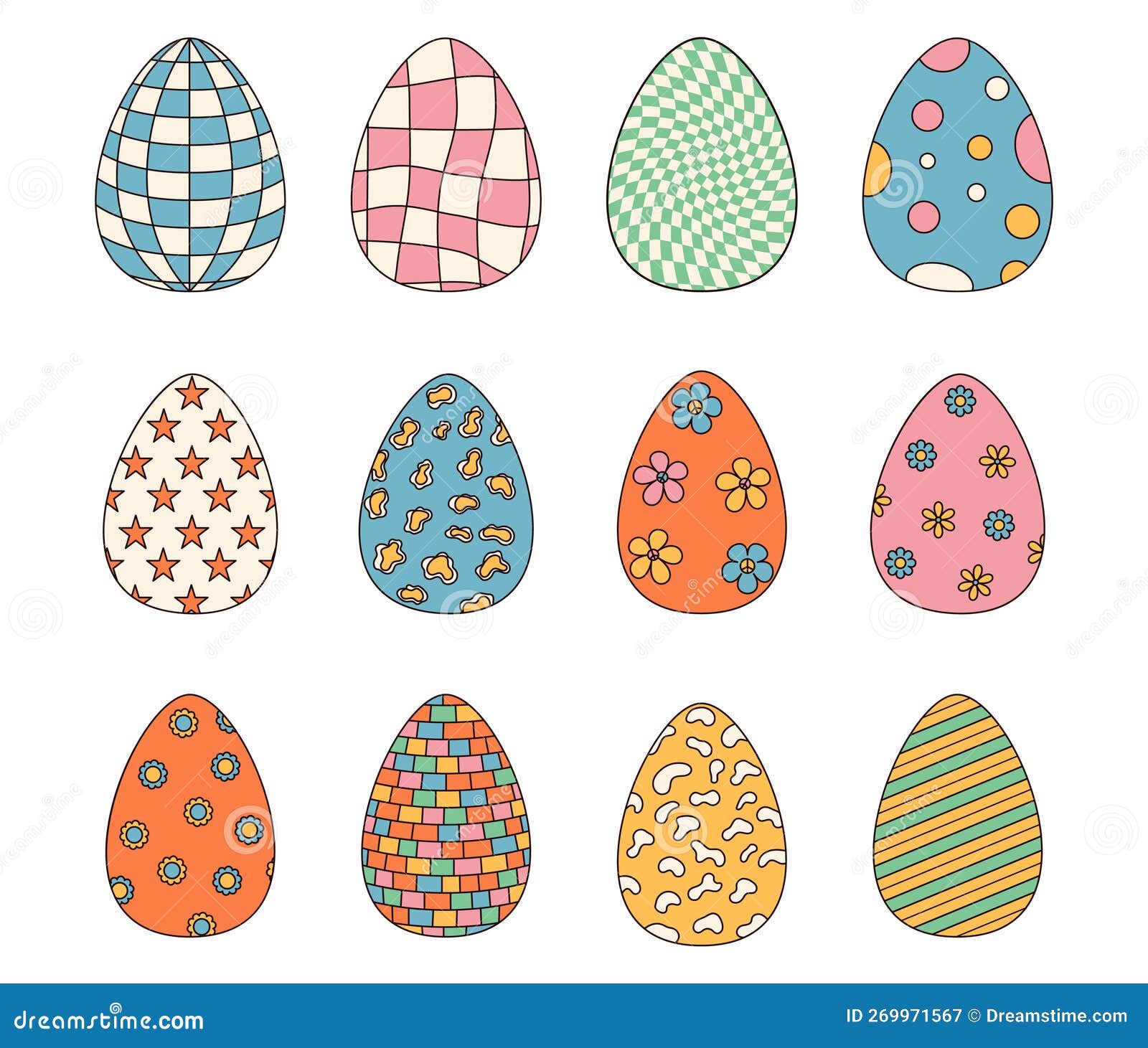 Groovy Hippie Happy Easter. Set of Easter Eggs with Patterns in Trendy ...