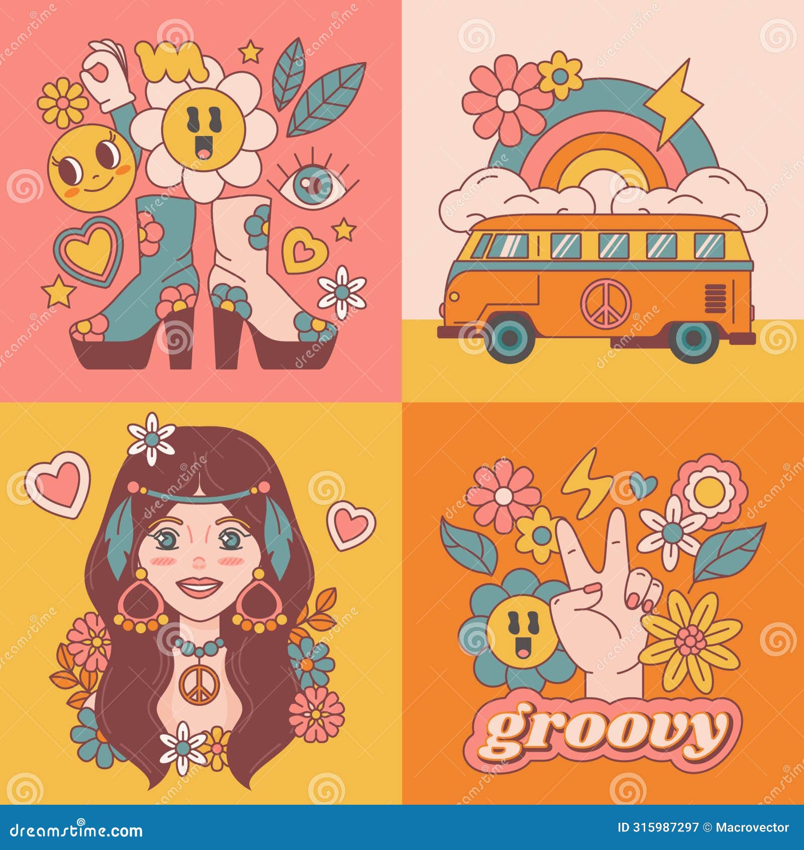 Groovy Illustrations in Hand Drawn Style Stock Illustration ...