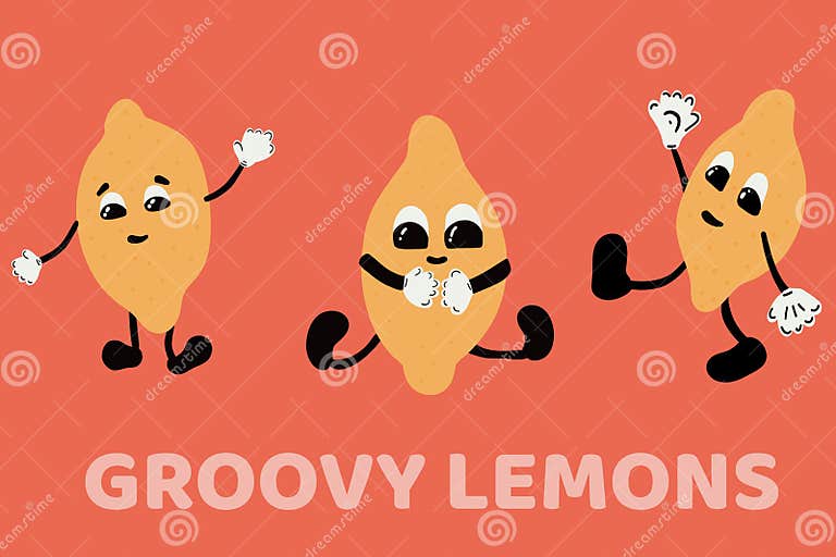 Groovy Lemons Hand Drawn Set Stock Vector - Illustration of childish ...