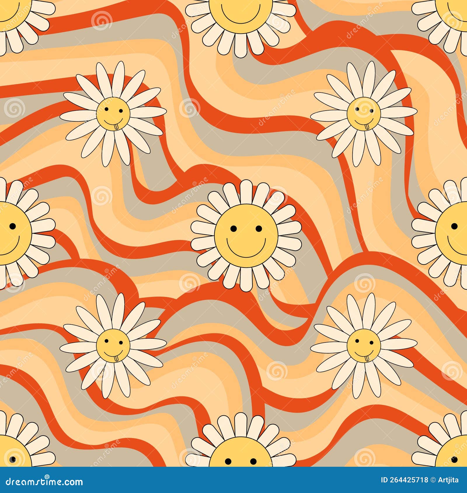 Groovy Pattern with Vintage Daisy 70s, 60s Lsd Elements Vector ...