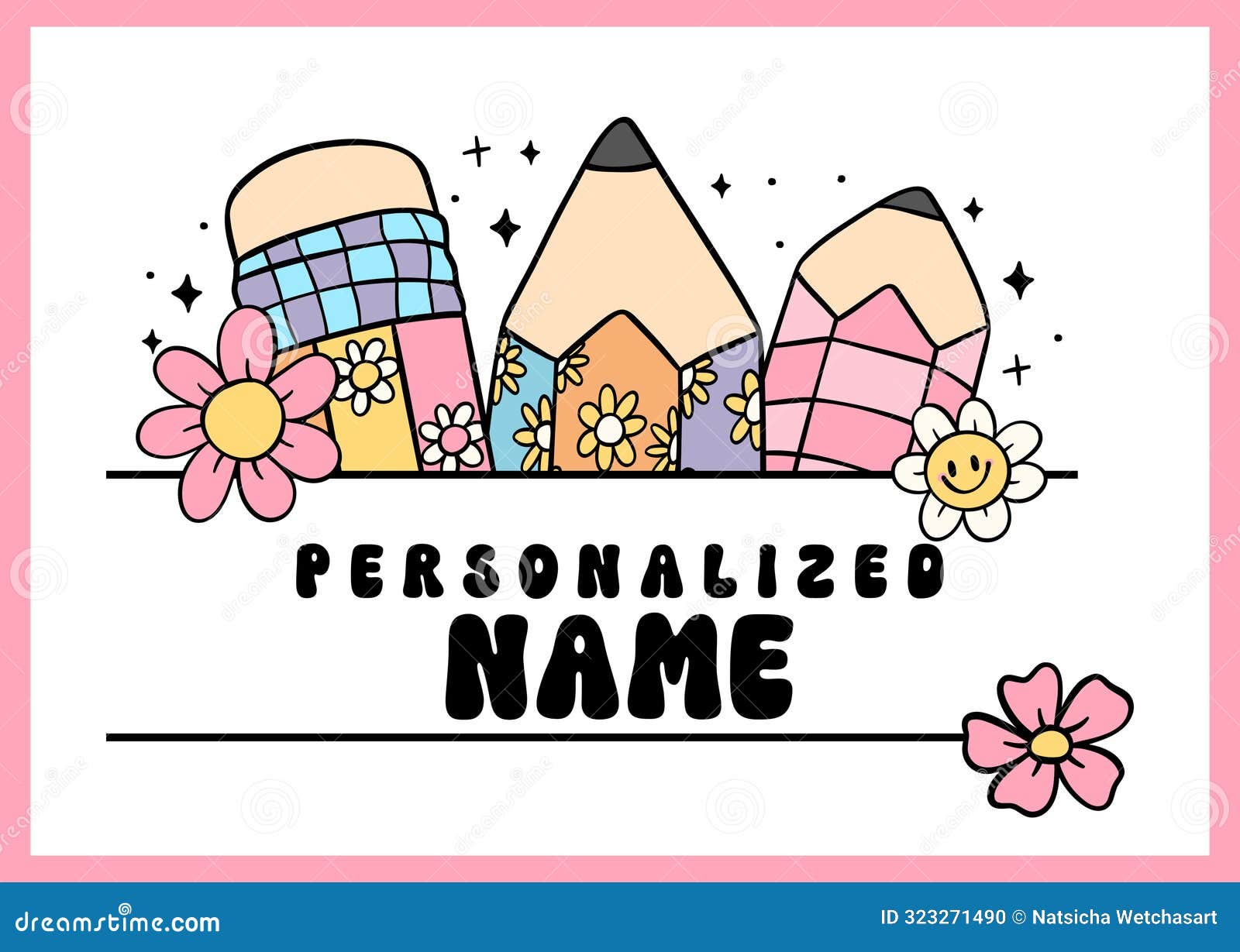 Groovy Retro School Pencil Frame Monogram Name Cartoon Doodle Drawing ...