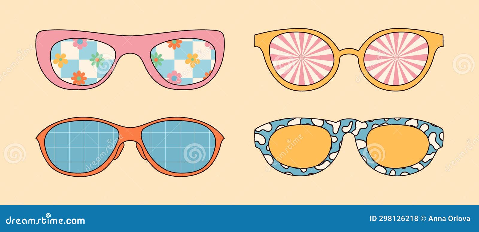 Groovy Retro Sunglasses with Psychedelic Designs. 70s-inspired Vector Art. Stock Vector ...