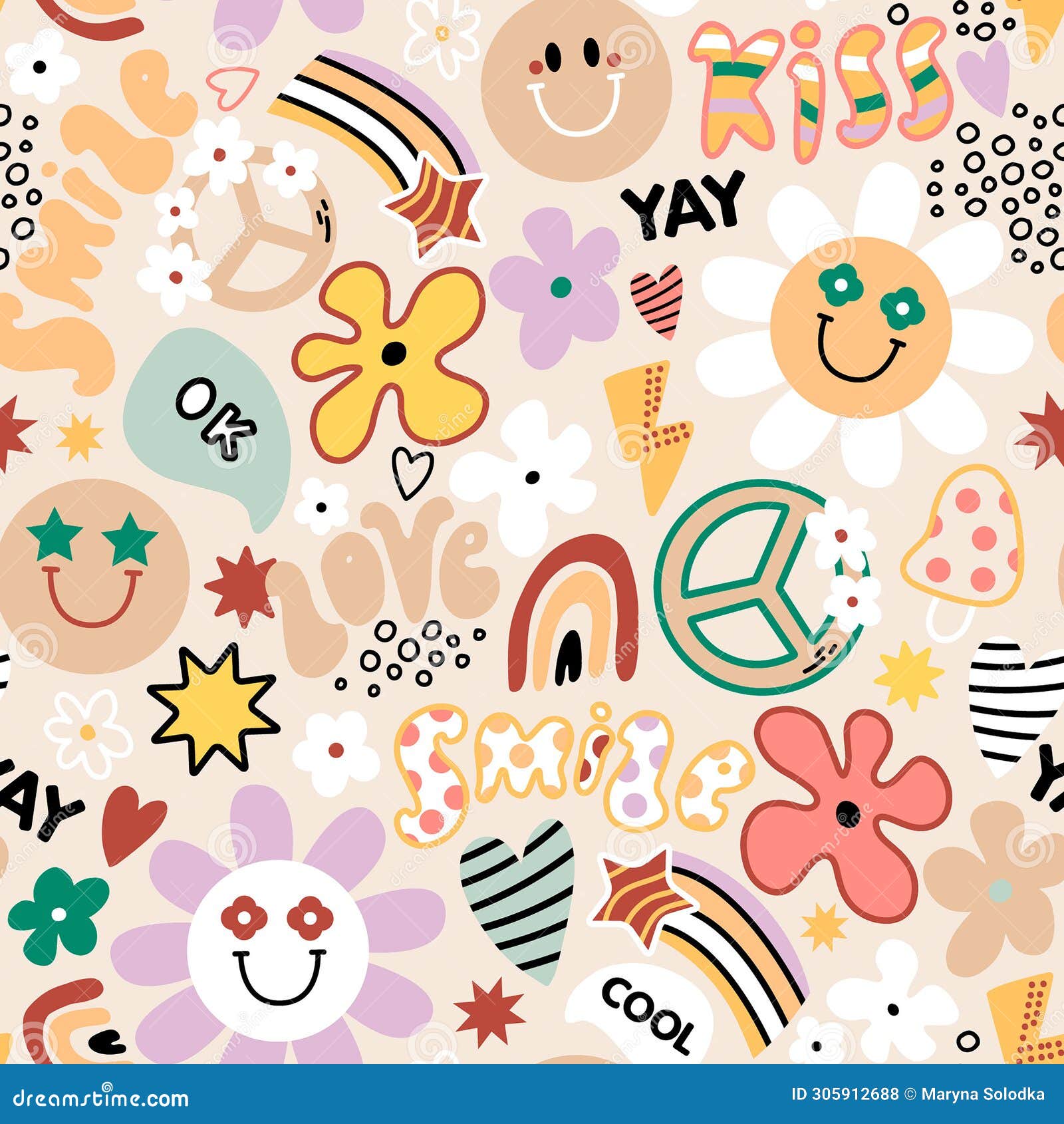Groovy Seamless Pattern with Flowers, Rainbow, Peace Sign. Retro Style ...