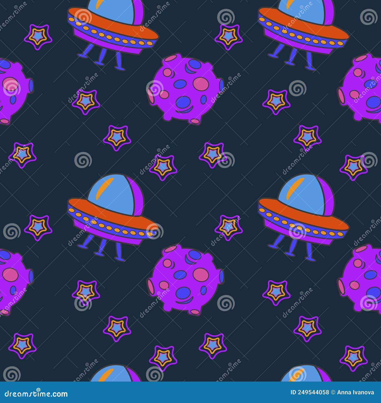 90 Groovy Trippy Space Seamless Pattern with Ufo Planet and Star Stock ...