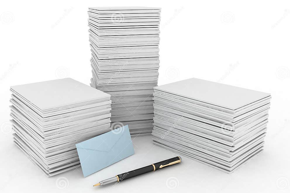 Grote Stapel Van Document, Postenvelop En Pen Op Wit Stock Illustratie ...