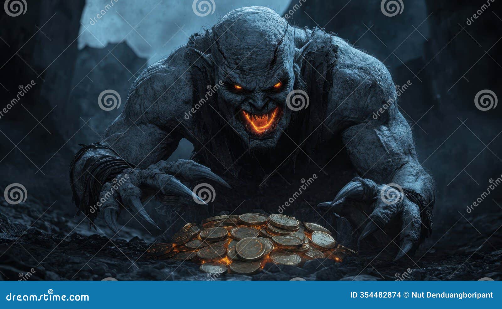 Grotesque Demon with Sharp Claws and Glowing Veins Guards Treasure ...