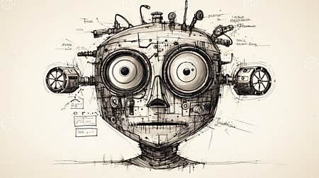 Expressive Old Robot Head Sketch: a Funny Caricature-like Illustration ...