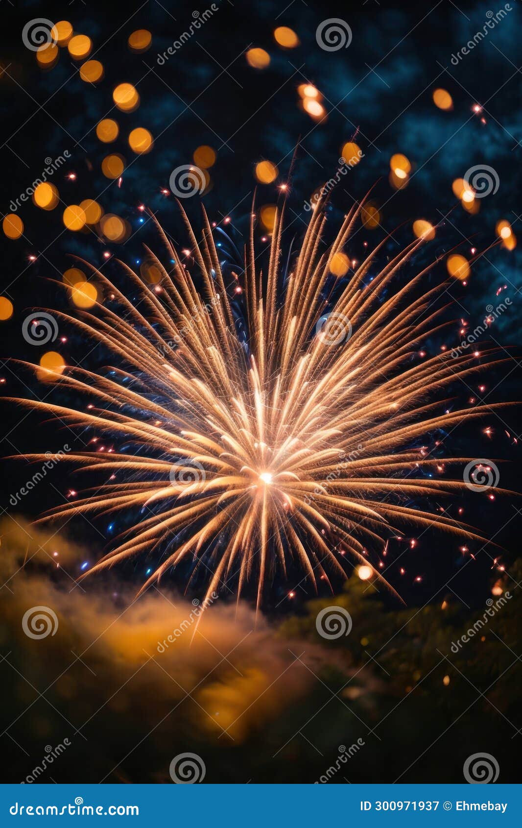 Ground Firework Display at Night with Sparks and Bokeh Lights ...