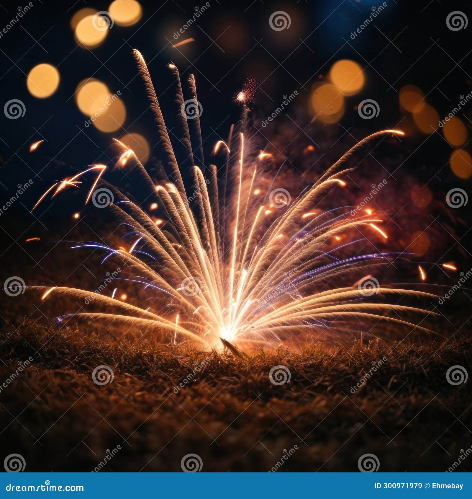 Ground Firework Display at Night with Sparks and Bokeh Lights ...