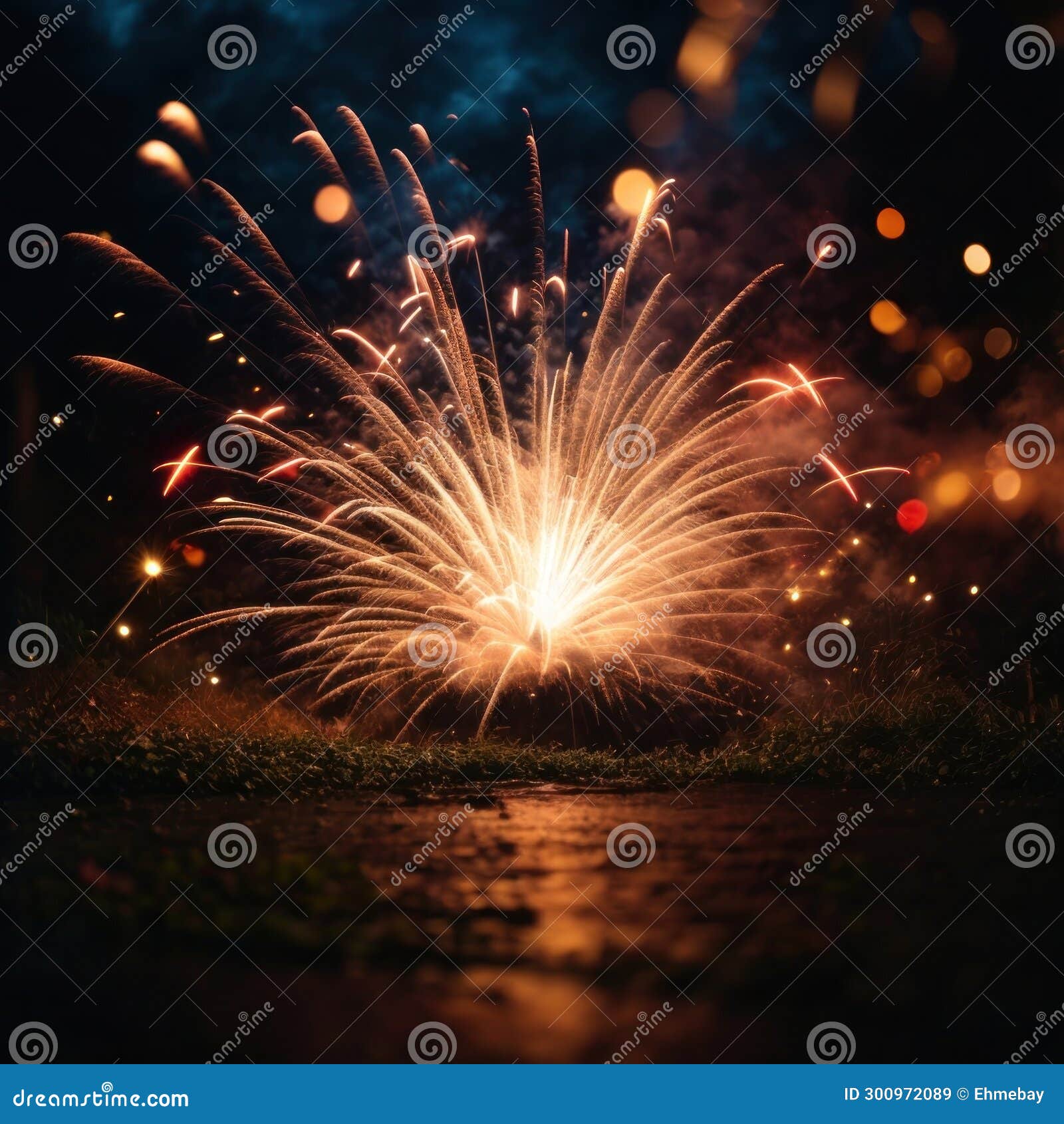 Ground Firework Display at Night with Sparks and Bokeh Lights ...