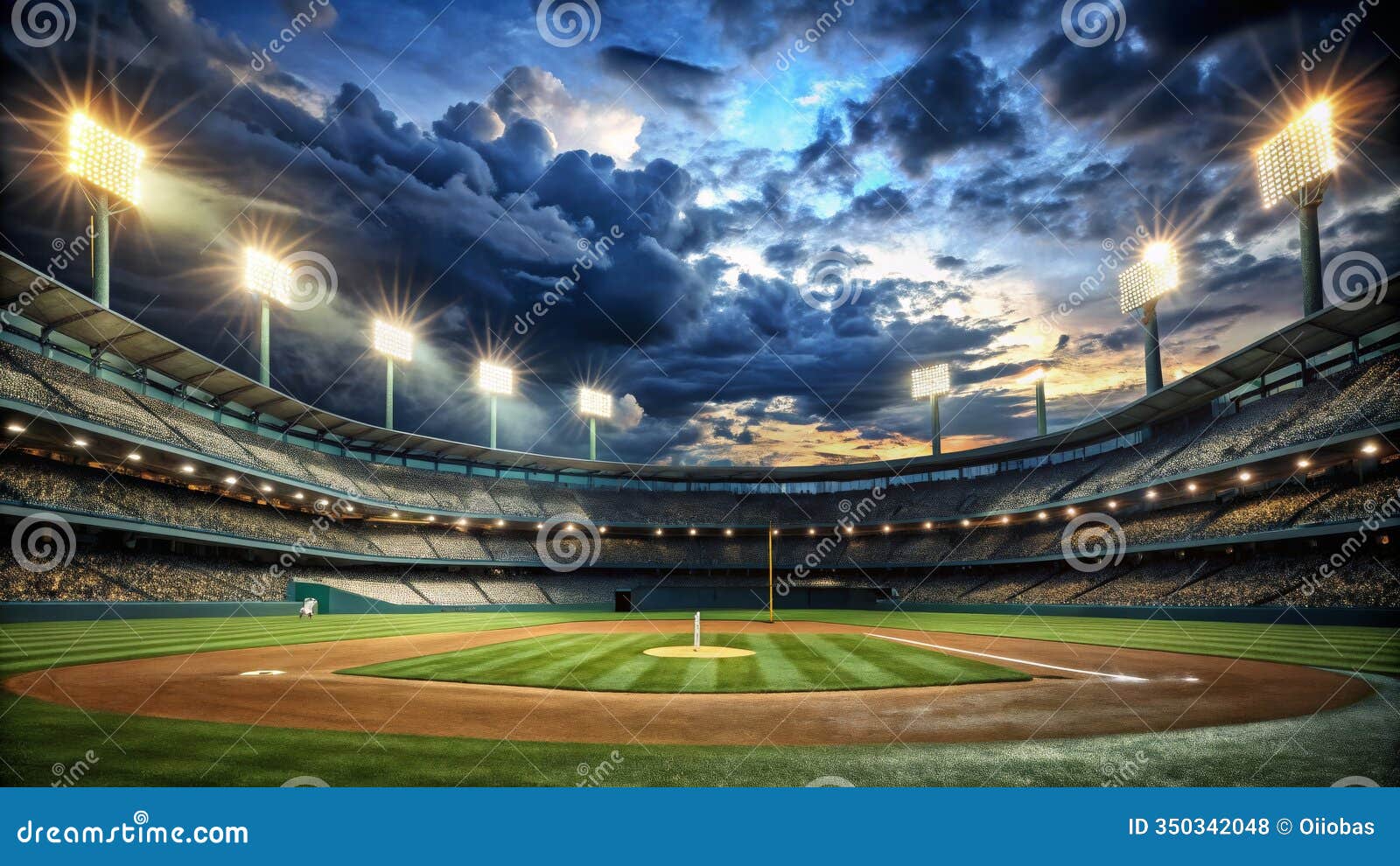 Ground-Level Baseball Stadium at Dusk Dramatic Clouds, Full Composition ...
