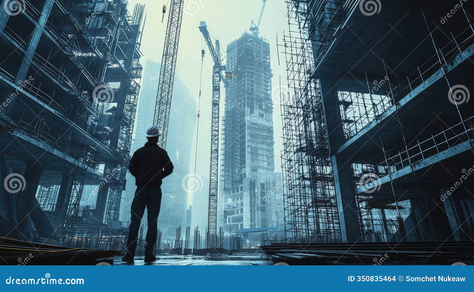 Ground Level View of Structural Engineer Inspecting Foundation in Urban ...