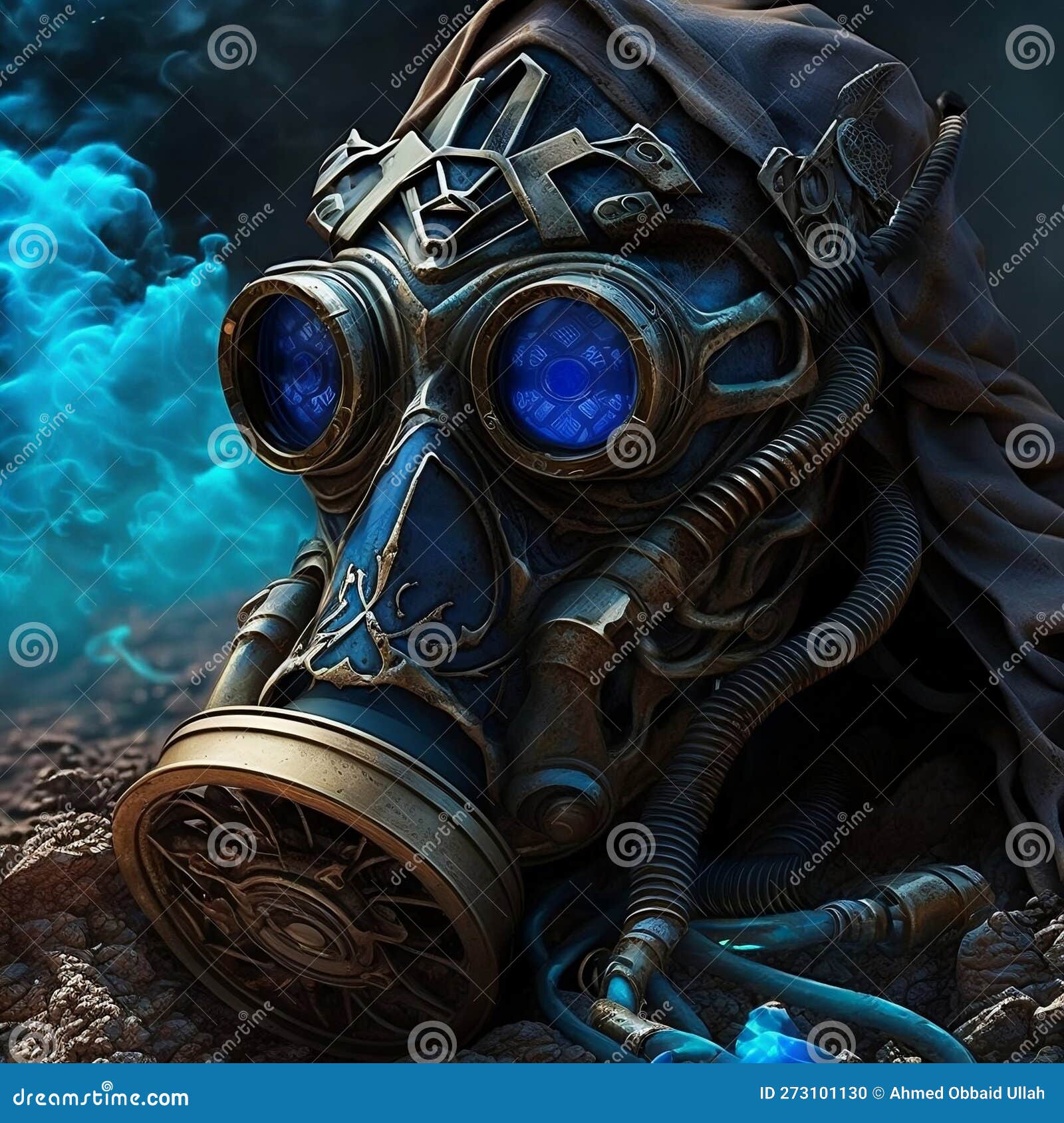 On the Ground Lies a Gas Mask with Blue Steampunk Eyes, Depicted in a ... On the Ground Lies a Gas Mask with Blue Steampunk Eyes, Depicted in a ...