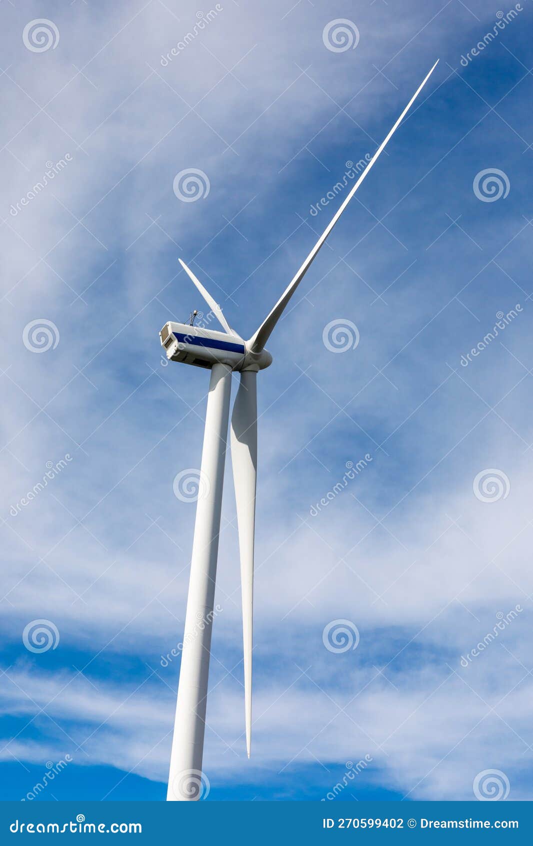 Ground Low View on Wind Propeller Turbine, Blue Sky, and Clouds. Stock ...