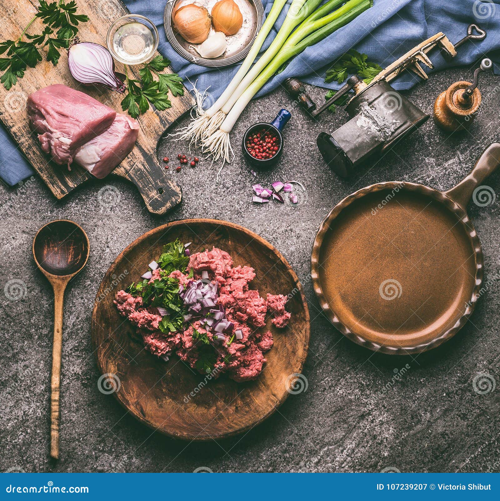 Ground Meat in Plate with Cooking Spoon with Ingredients on Rustic ...