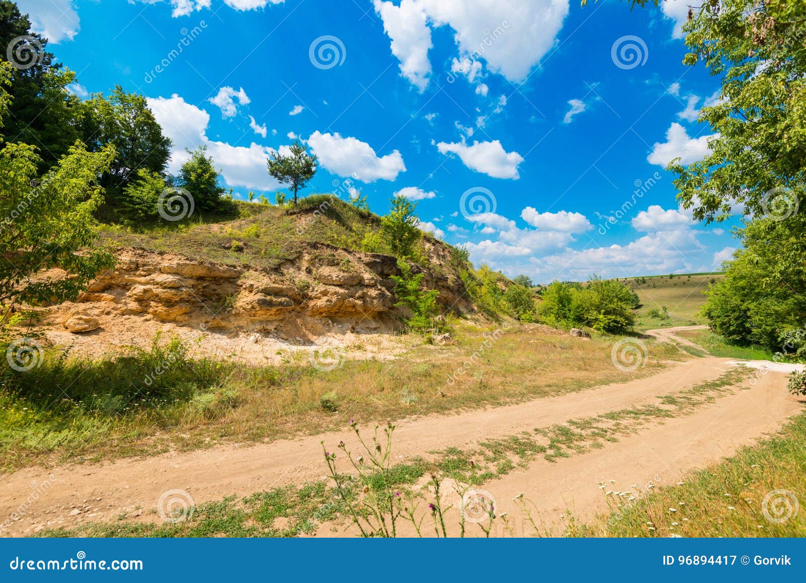 Ground Road Against Green Trees, Rocks Stock Image - Image of ...