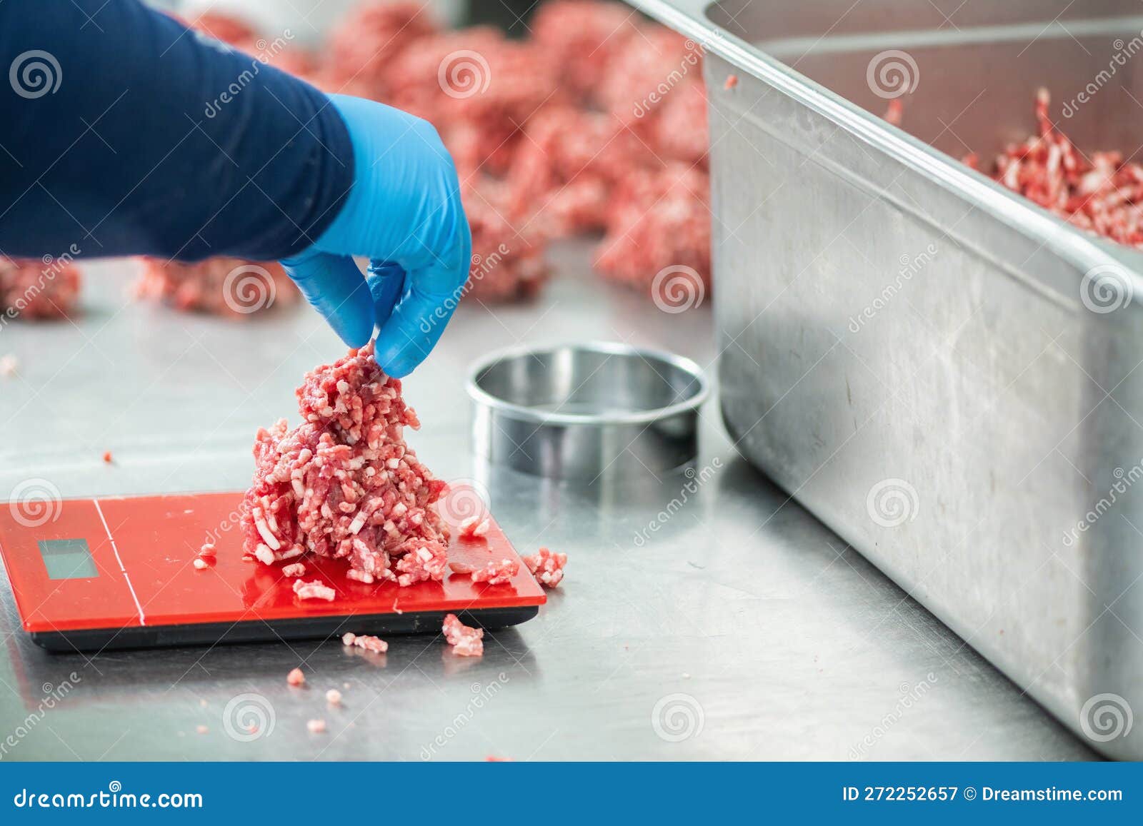 Grounded Beef Meat Weighing on a Scale in a Large Restaurant Stock ...