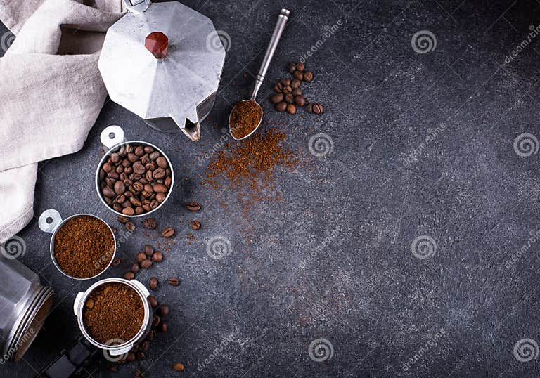 Grounded Coffee, Beans, Coffe Maker and Spicces Stock Image - Image of ...