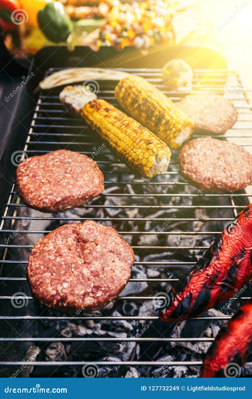 Grounded Meat and Corn Cooked Outdoors on Grill Stock Image - Image of ...