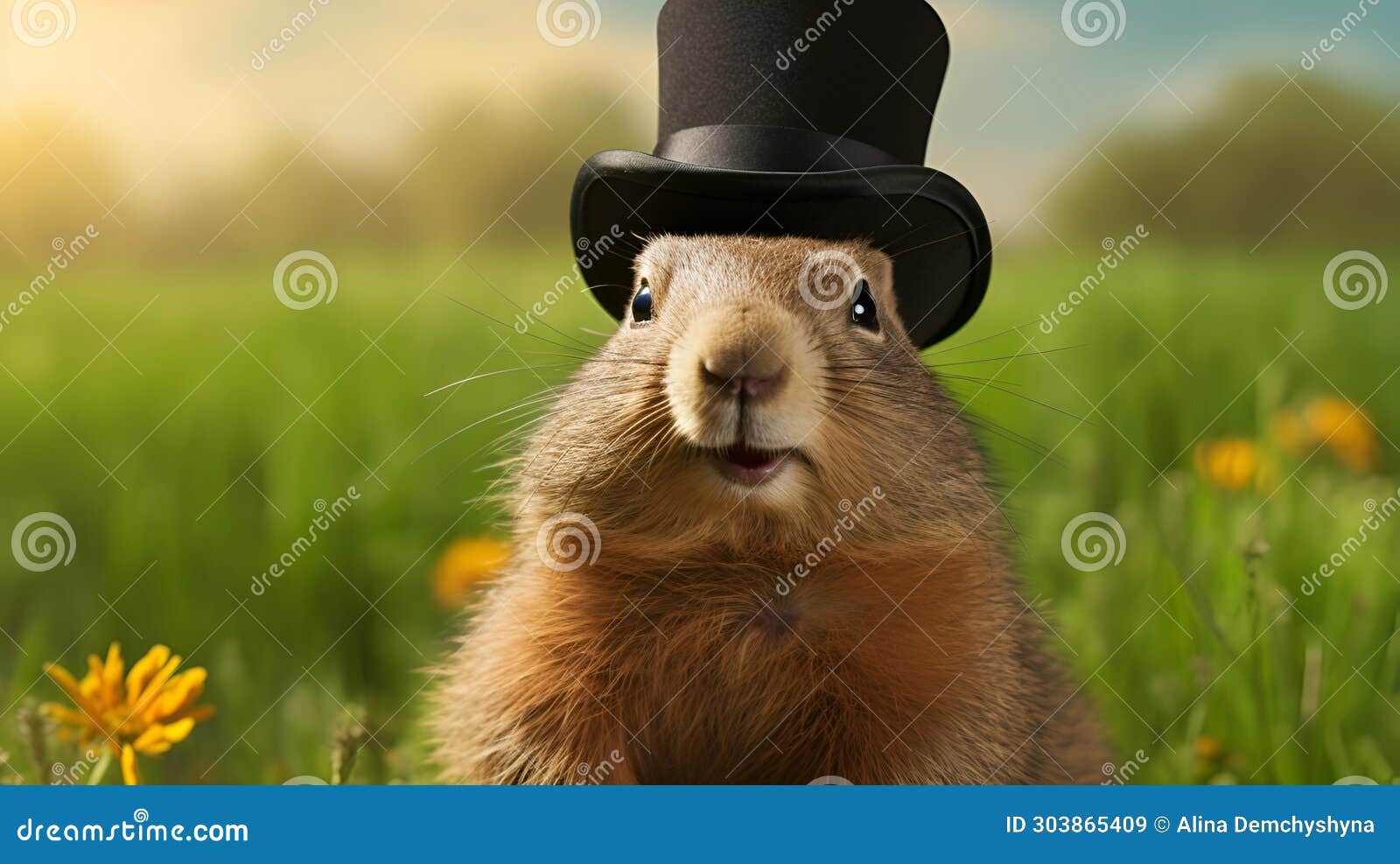A Groundhog Adorned in a Top Hat Against the Backdrop of Lush Green ...