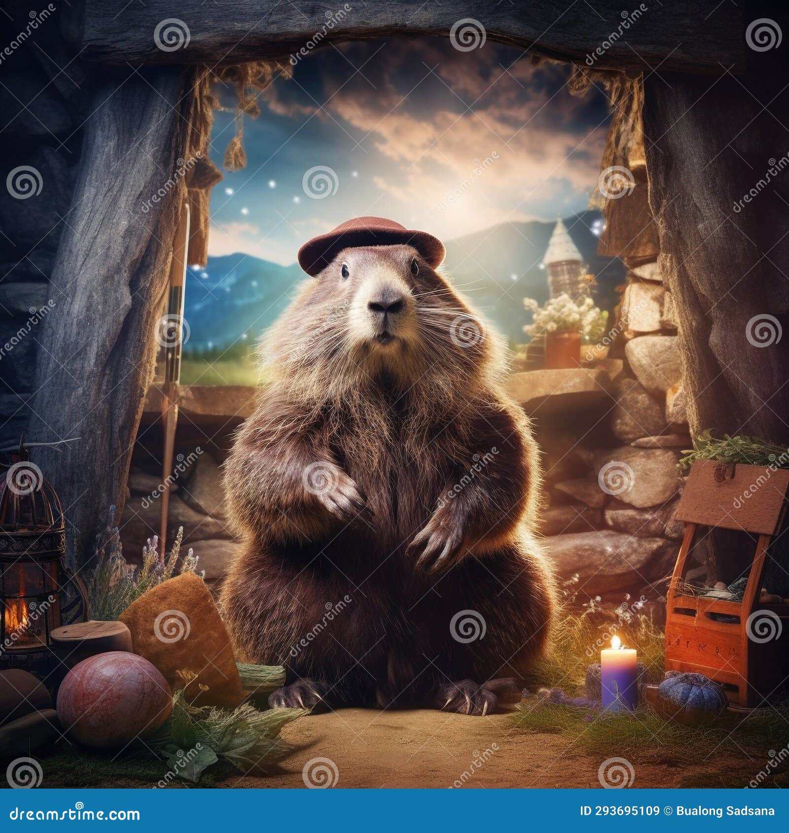 Groundhog in front of den stock illustration. Illustration of woodchuck ...