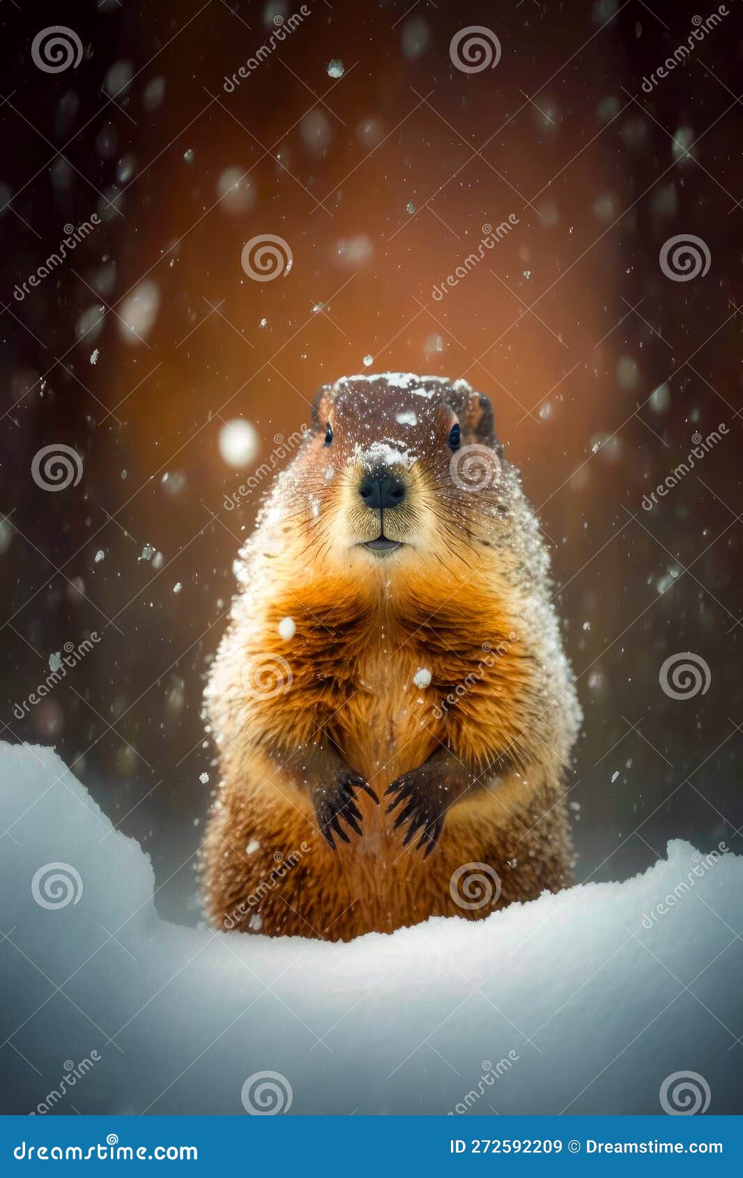 Groundhog Standing on Its Hind Legs in Snow Storm with Snow Falling on ...