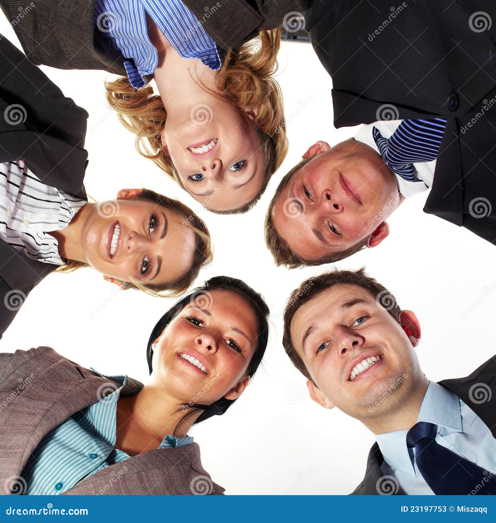 Group of 5 Businesspeople in a Circle, Low Angle Stock Image - Image of ...
