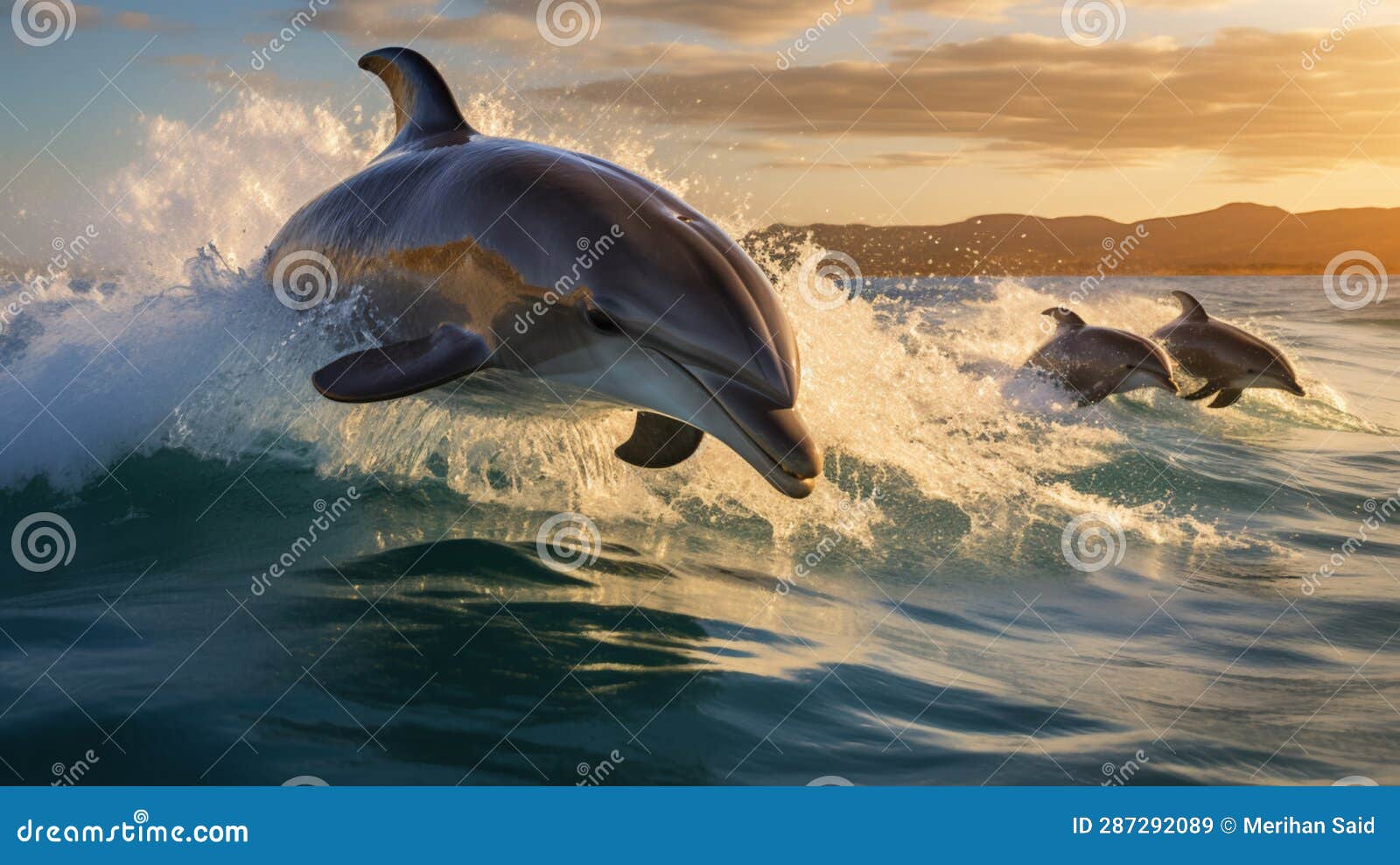 A Group of Adorable Dolphins Riding the Waves. AI Generative Stock ...