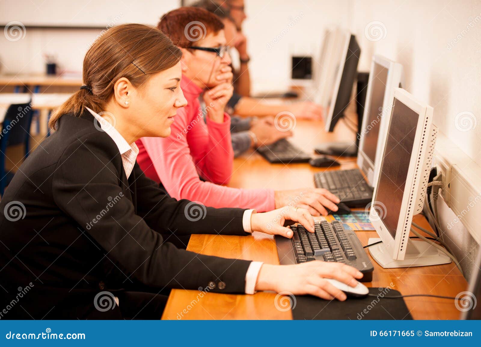 Group of Adults Learning Computer Skills. Intergenerational Tran Stock ...