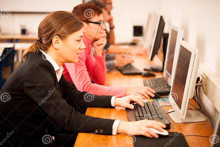 Group of Adults Learning Computer Skills. Intergenerational Tran Stock ...