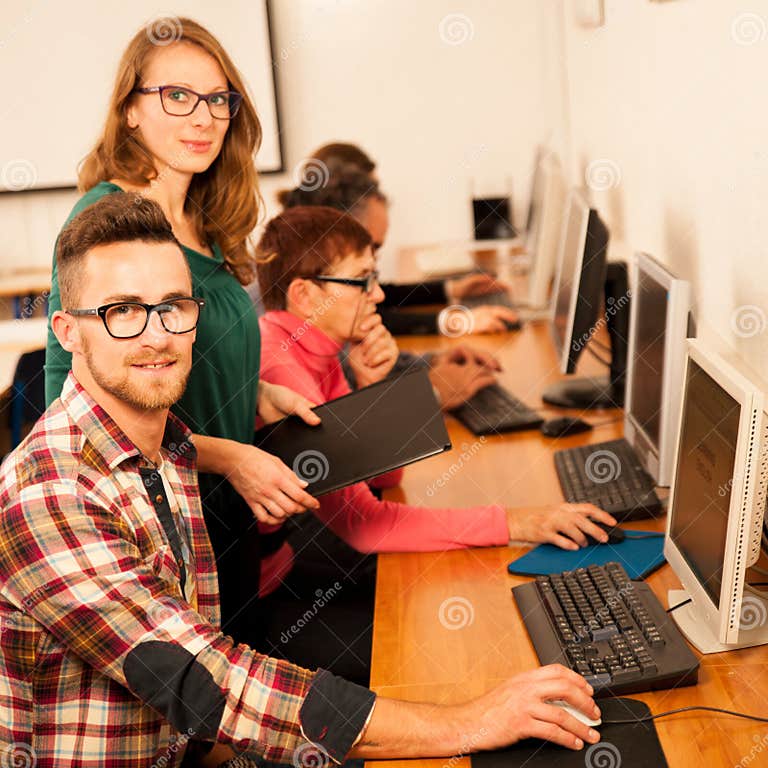 Group of Adults Learning Computer Skills. Intergenerational Tran Stock ...