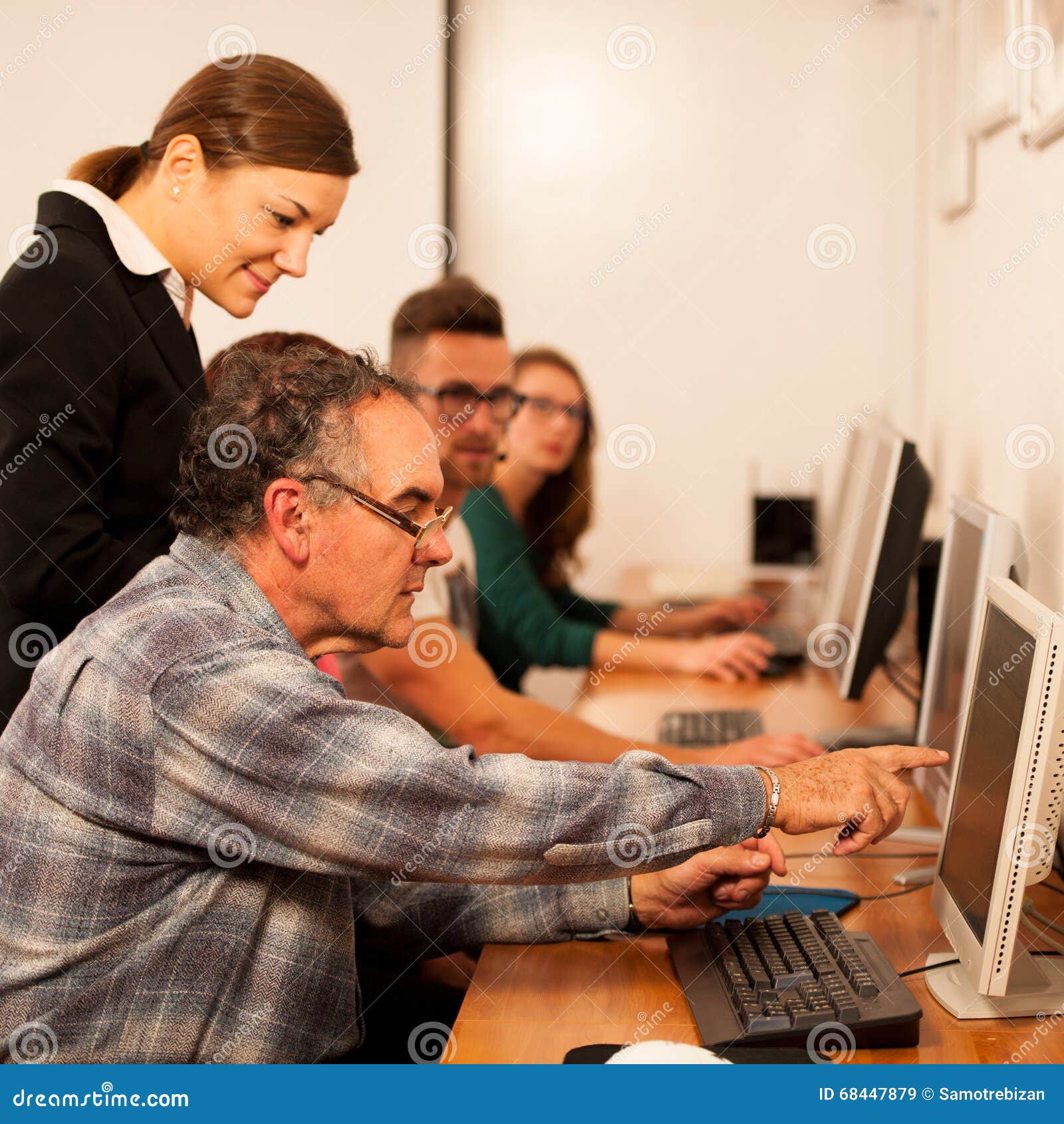 Group of Adults Learning Computer Skills. Intergenerational Tran Stock ...