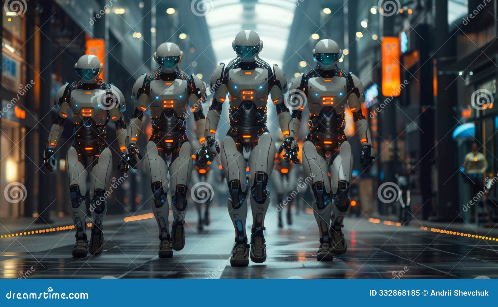 Futuristic Humanoid Robots Walking in a Modern City Setting Stock ...