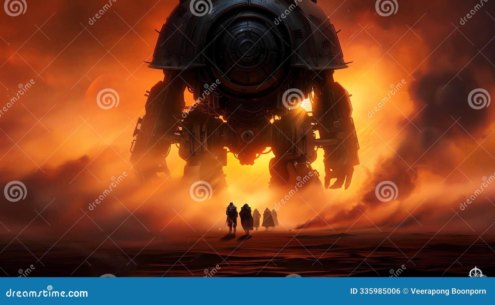 A Group Of Adventurers In High-tech Armor Facing A Colossal Robot Stock ...
